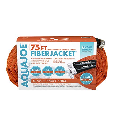 Aqua Joe AJFJH75-34-CTR Kink-Free Contractor Grade FiberJacket Garden Hose, 3/4-in Max. Water Flow, 650-PSI Burst Rating, BPA/Phthalate, Drinking Safe, For Garden, Auto Care, 75Ft, Orange