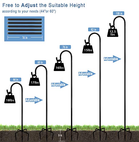 Artigarden 108 inch Outdoor Shepherd Hook with 5 Prong Base (1 Pack), Adjustable Heavy Duty Garden Hanging Stake for Bird Feeder Solar Light Plant Hanger Wedding Decor, Matte Black