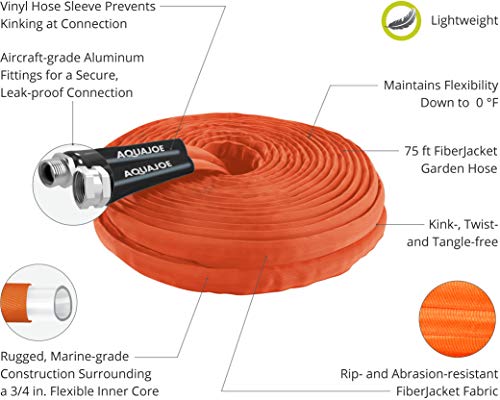 Aqua Joe AJFJH75-34-CTR Kink-Free Contractor Grade FiberJacket Garden Hose, 3/4-in Max. Water Flow, 650-PSI Burst Rating, BPA/Phthalate, Drinking Safe, For Garden, Auto Care, 75Ft, Orange