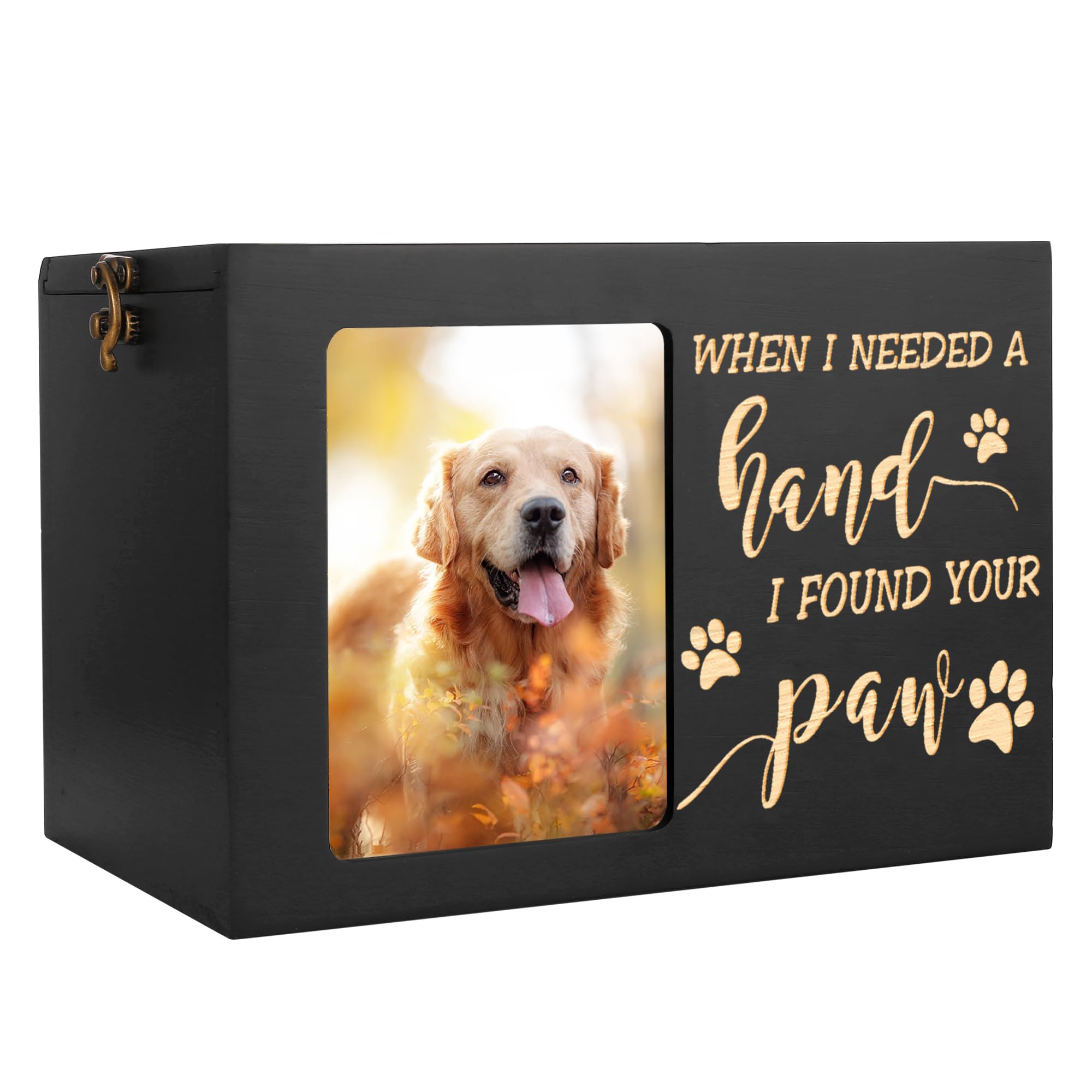 Pet Memorial Urns for Dog or Cat Ashes, Large Wooden Funeral Cremation Urns with Photo Frame, Memorial Keepsake Memory Box with Black Flannel as Lining, Loss Pet Memorial Remembrance Gift
