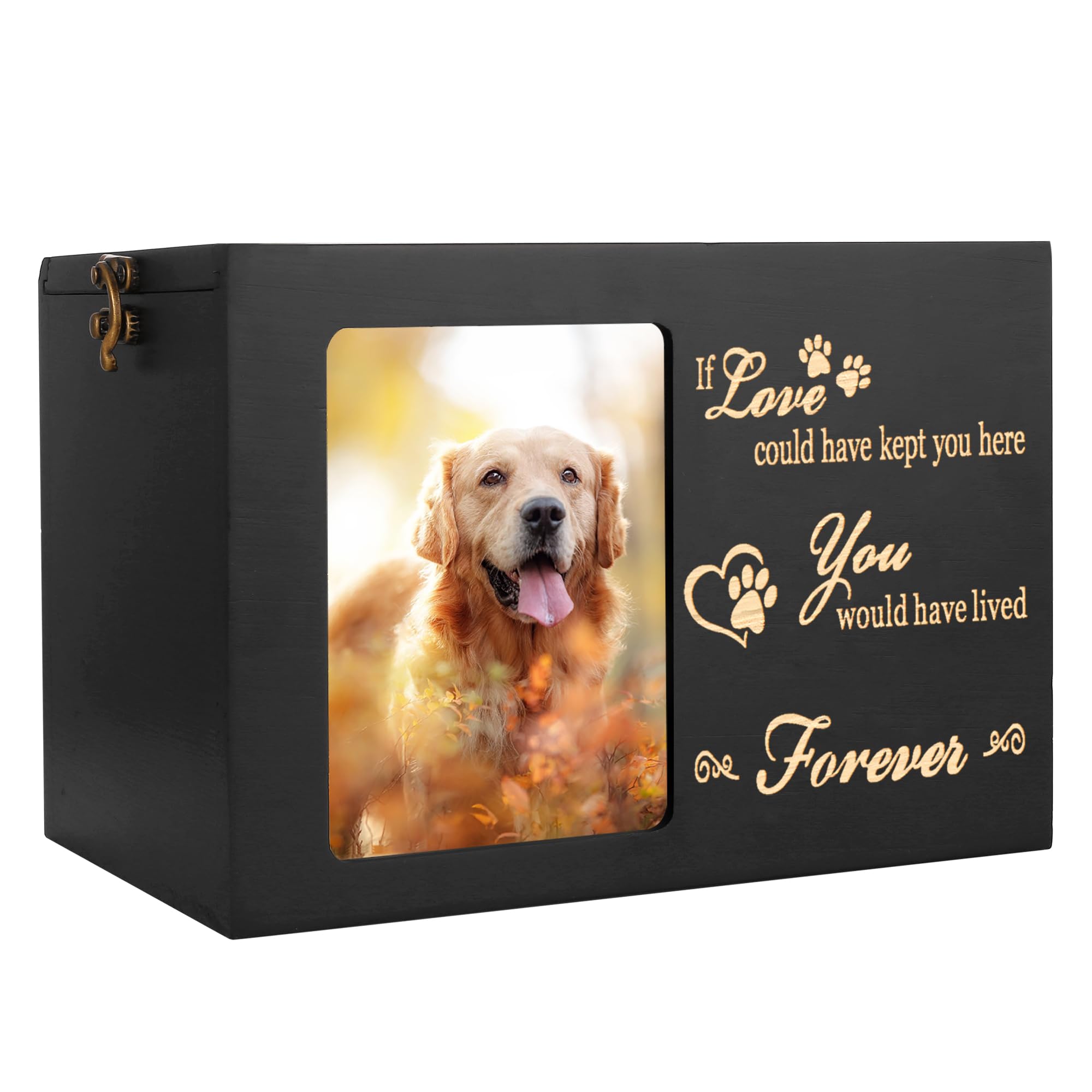 Pet Memorial Urns for Dog or Cat Ashes, Large Wooden Funeral Cremation Urns with Photo Frame, Memorial Keepsake Memory Box with Black Flannel as Lining, Loss Pet Memorial Remembrance Gift