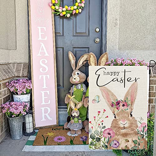 CROWNED BEAUTY Happy Easter Bunny Garden Flag Floral 12X18 Inch Small Double Sided for Outside Burlap Yard Holiday Decoration CF761-12
