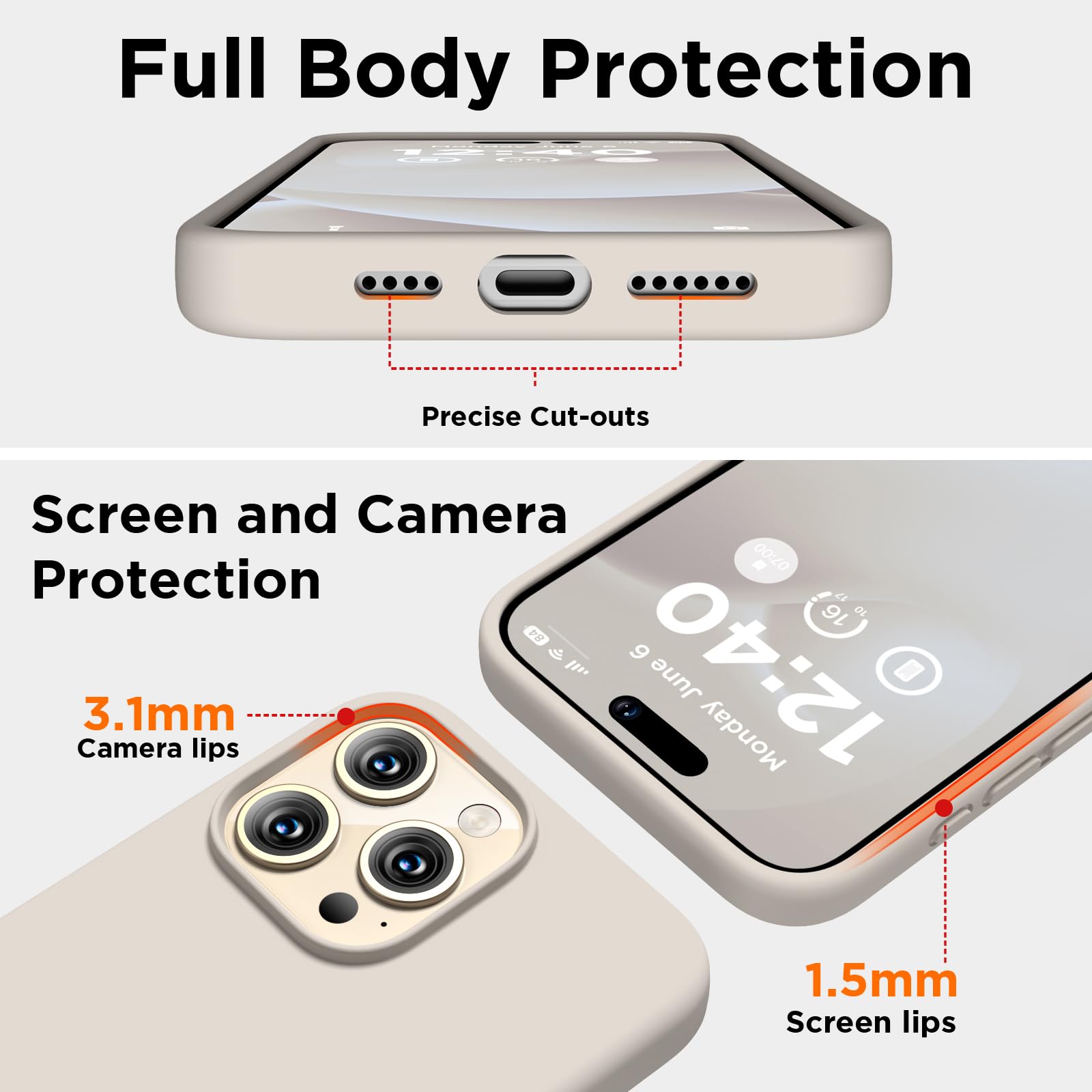 COFFKER Compatible with iPhone 15 Pro Max Case, Liquid Silicone Case, Full Body Shockproof Protective Cover Slim Thin Phone Case with [Soft Anti-Scratch Microfiber Lining], 6.7 inch-Stone