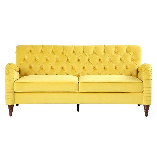 JINS&VICO Sofa Couch, Velvet Accent Sofa with Tufted Back, Upholstered Chesterfield Couch,Modern Sofa with Wood Legs for Living Room Furniture, Yellow