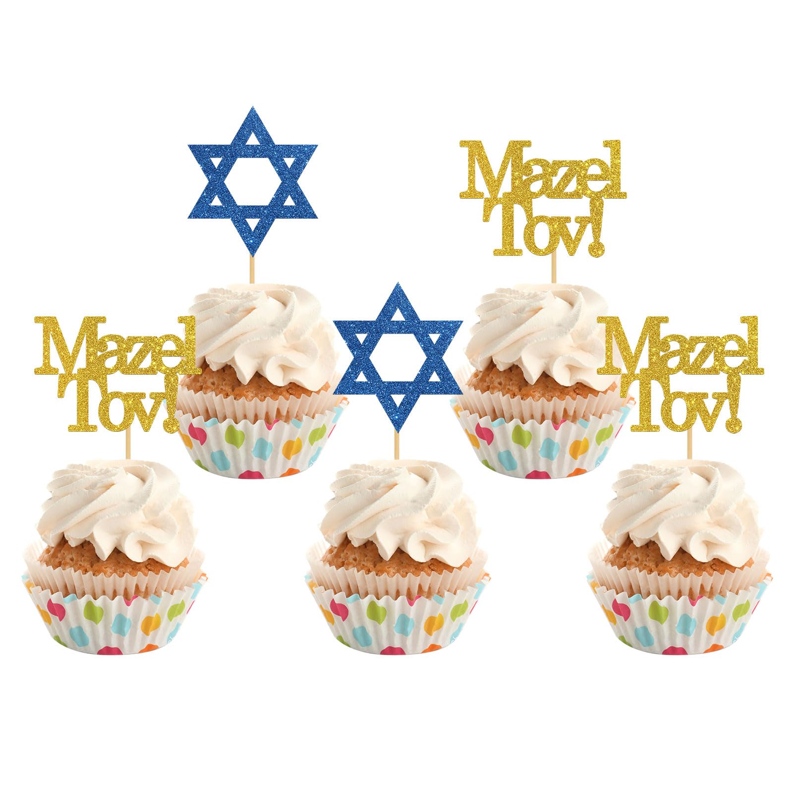 INNORU Mazel Tov Cupcake Toppers, Congratulations Party Decorations, Engagement, Baby Shower, Bar Mitzvah, Birthday, Wedding, Jewish Party Decorations Supplies, Pack of 24 Glitter