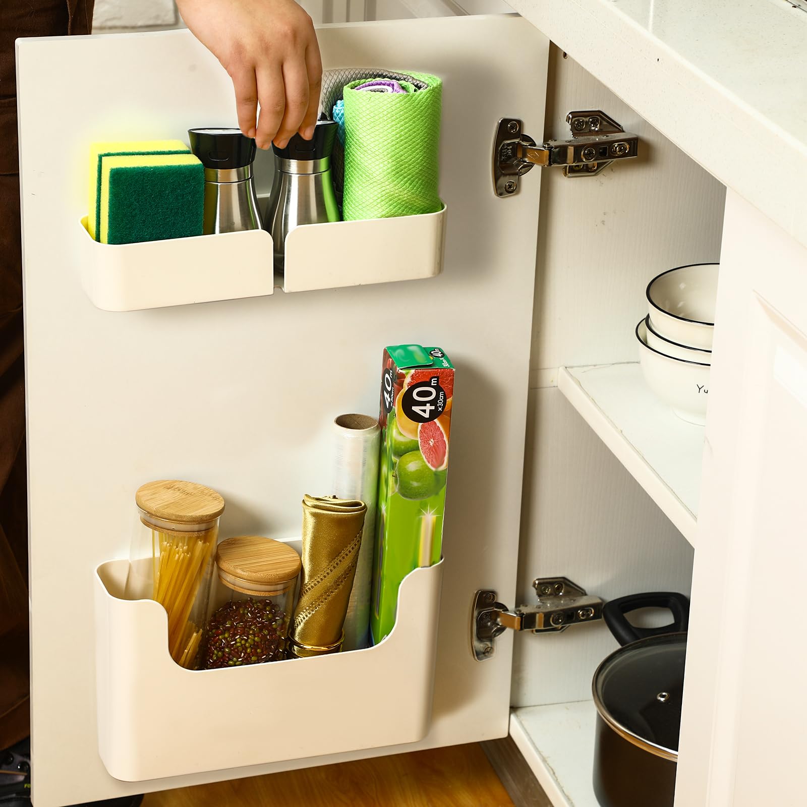 Suzile 2 Pcs Wall Mount Organizer Cabinet Door Storage Stick on Wall Shelf Plastic Floating over Cabinet Storage Bin No Drill Installation Versatile for Home Bathroom Office Kitchen Accessories 2 Size