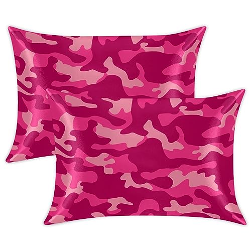 Camo Camouflage Pattern Satin Pillow Cases Silk Satin Pillowcase for Hair and Skin Standard Set of 2 Super Soft Silk Pillowcase with Envelope Closure (20x26 in)