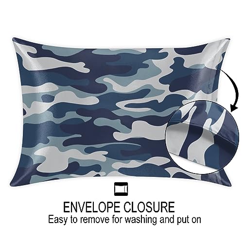 Camo Blue Forest Texture Satin Pillow Cases Silk Satin Pillowcase for Hair and Skin Standard Set of 2 Super Soft Silk Pillowcase with Envelope Closure (20x26 in)