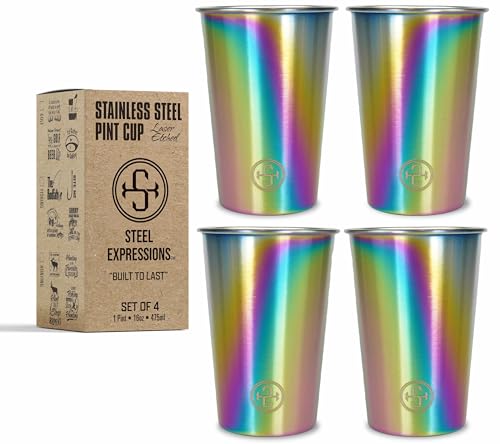 Shark Skinzz Steel Expressions Pint Cup, 16 oz Stainless Steel Cups, Stackable & Durable Drinking Cups for Camping, Reusable & Dishwasher Safe Tumblers, Set of 4 Rainbow Shimmer Cups