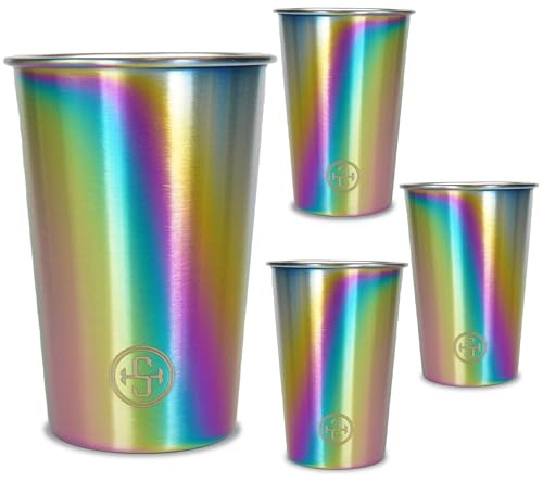 Shark Skinzz Steel Expressions Pint Cup, 16 oz Stainless Steel Cups, Stackable & Durable Drinking Cups for Camping, Reusable & Dishwasher Safe Tumblers, Set of 4 Rainbow Shimmer Cups