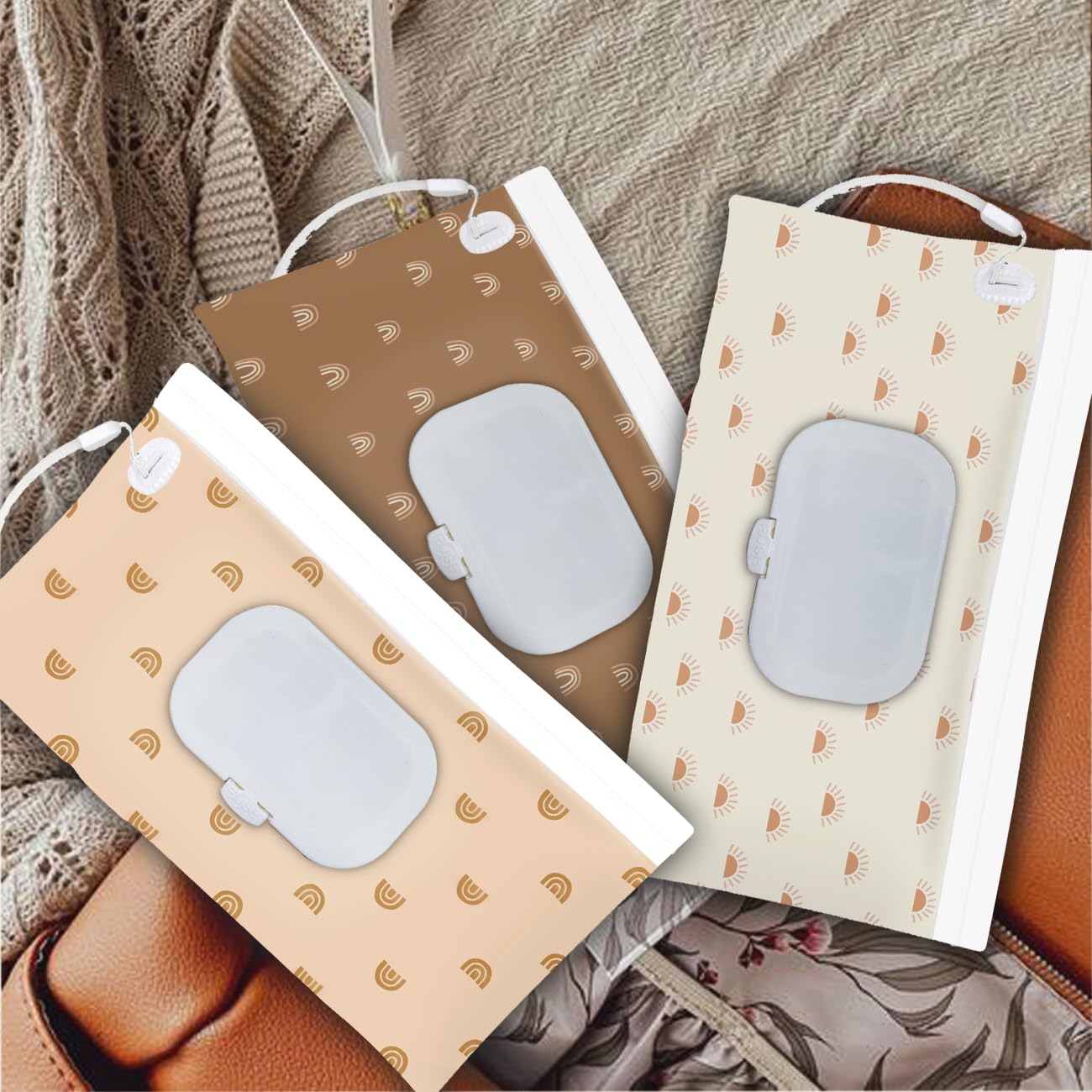 3 Pack Baby Wipes Dispenser,Baby Wipe Holder for Travel,Boho Wipes Container, Reusable Wet Wipes Pouch Portable refillable Wipe Holder for Travel