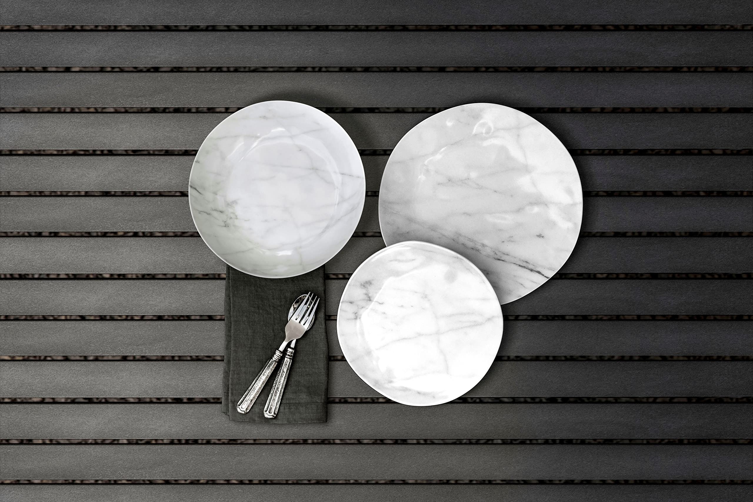 TarHong Carrara Marble Dinnerware 12 Piece Set, Pure Melamine, Shatterproof, 4 Dinner Plates, 4 Salad Plates, 4 Bowls