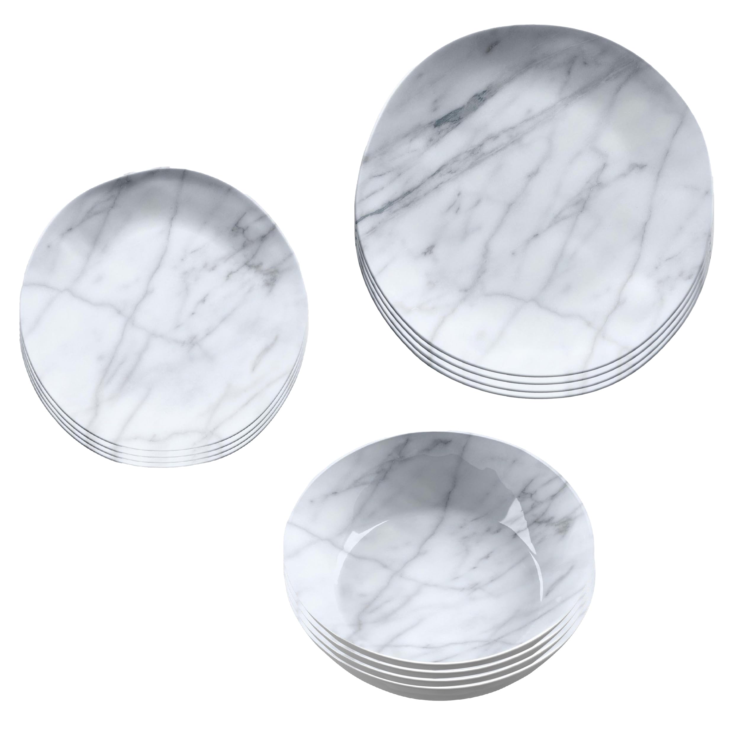 TarHong Carrara Marble Dinnerware 12 Piece Set, Pure Melamine, Shatterproof, 4 Dinner Plates, 4 Salad Plates, 4 Bowls