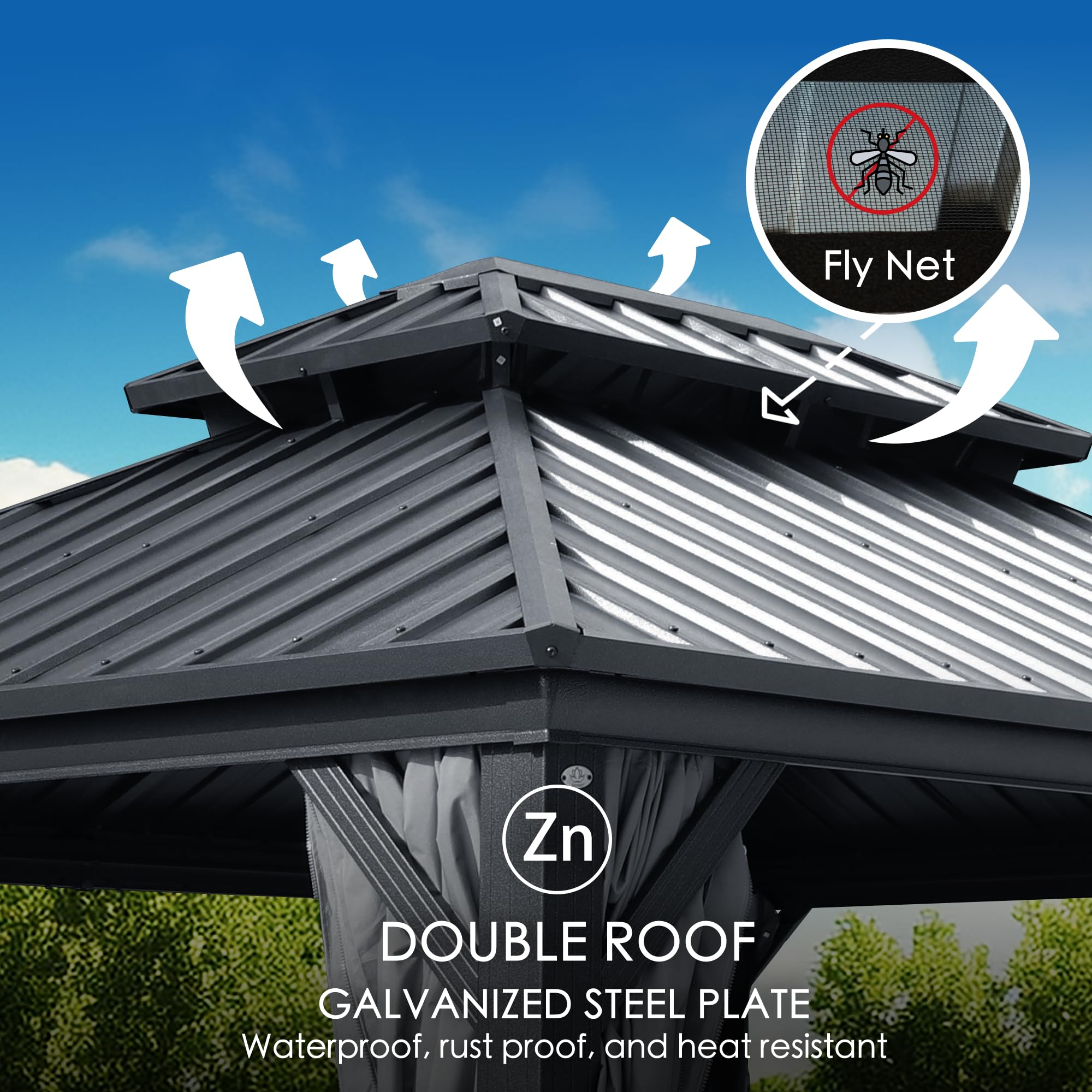 Kozyard Caesar 10'x12' Hardtop Gazebo - Permanent Metal Pavilion with Netting and Shaded Curtains for Patio, Backyard, and Deck - Galvanized Steel Outdoor Aluminum Canopy, Double Roof Gazebo (Grey)