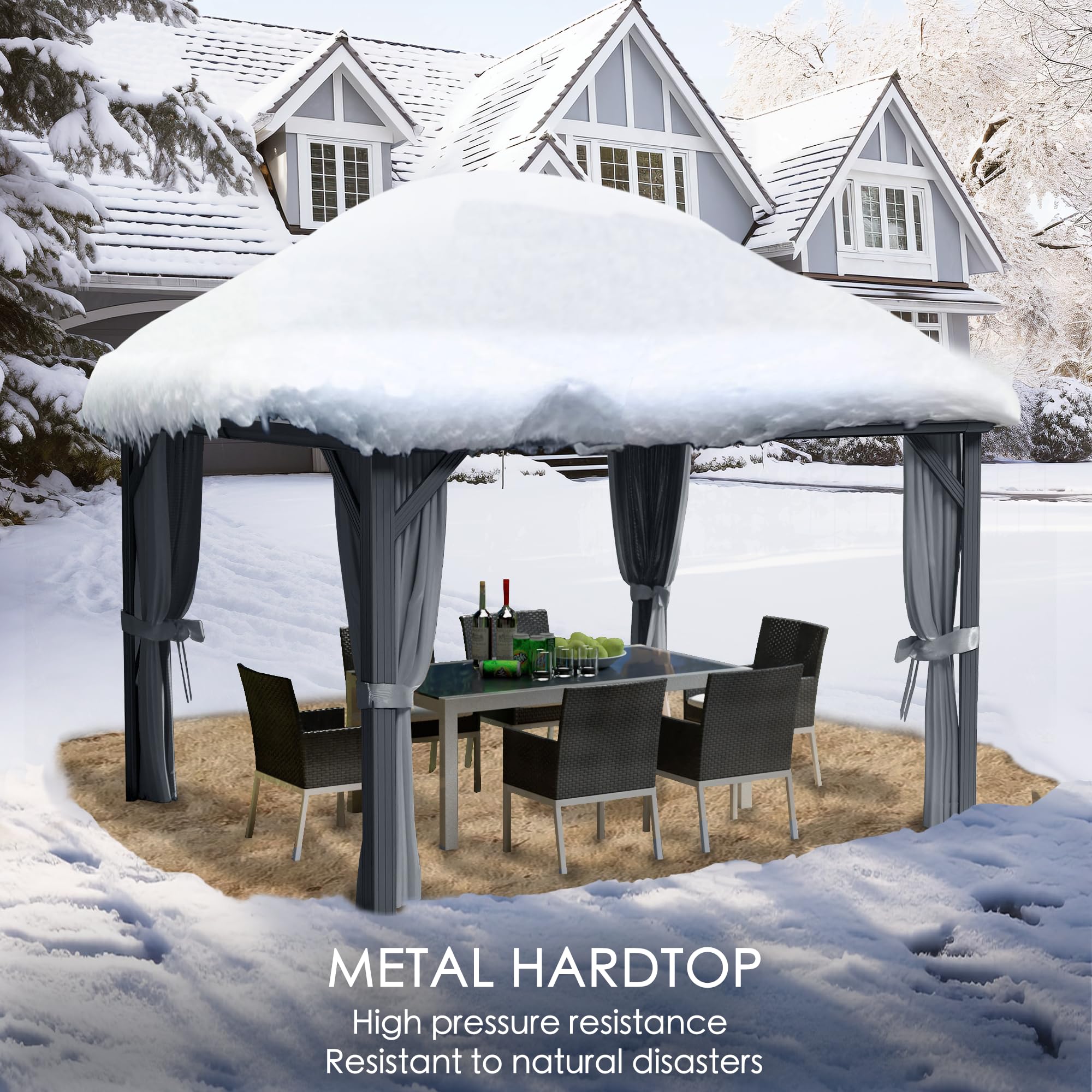 Kozyard Caesar 10'x12' Hardtop Gazebo - Permanent Metal Pavilion with Netting and Shaded Curtains for Patio, Backyard, and Deck - Galvanized Steel Outdoor Aluminum Canopy, Double Roof Gazebo (Grey)