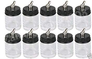 Master Airbrush (Pack of 10) TB-002 Empty 3/4 Ounce (22cc) Glass Jar Bottles with 30° Down Angle Adaptor Lid Assembly - Fits Dual-Action Siphon Feed Airbrushes, Use with Master, Badger, Paasche, Iwata
