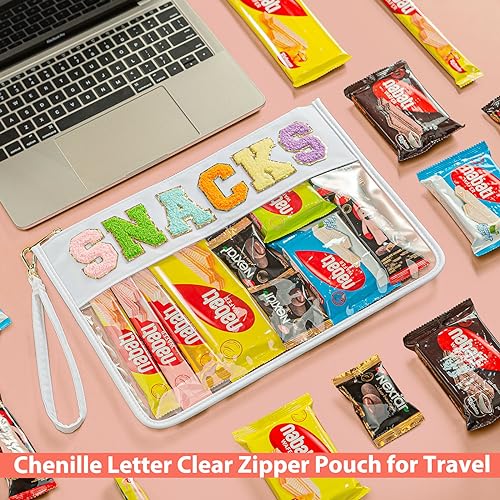 HANAMO Chenille Letter Clear Bag Snacks, Snacks Bag Chenille Waterproof Nylon Transparent Bag Chenille Letter Bag Snacks Pouch Clear Cosmetic Bag with Zipper Portable Makeup Wrist Bag