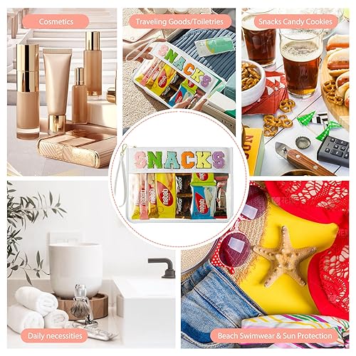 HANAMO Chenille Letter Clear Bag Snacks, Snacks Bag Chenille Waterproof Nylon Transparent Bag Chenille Letter Bag Snacks Pouch Clear Cosmetic Bag with Zipper Portable Makeup Wrist Bag