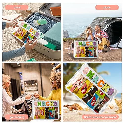HANAMO Chenille Letter Clear Bag Snacks, Snacks Bag Chenille Waterproof Nylon Transparent Bag Chenille Letter Bag Snacks Pouch Clear Cosmetic Bag with Zipper Portable Makeup Wrist Bag