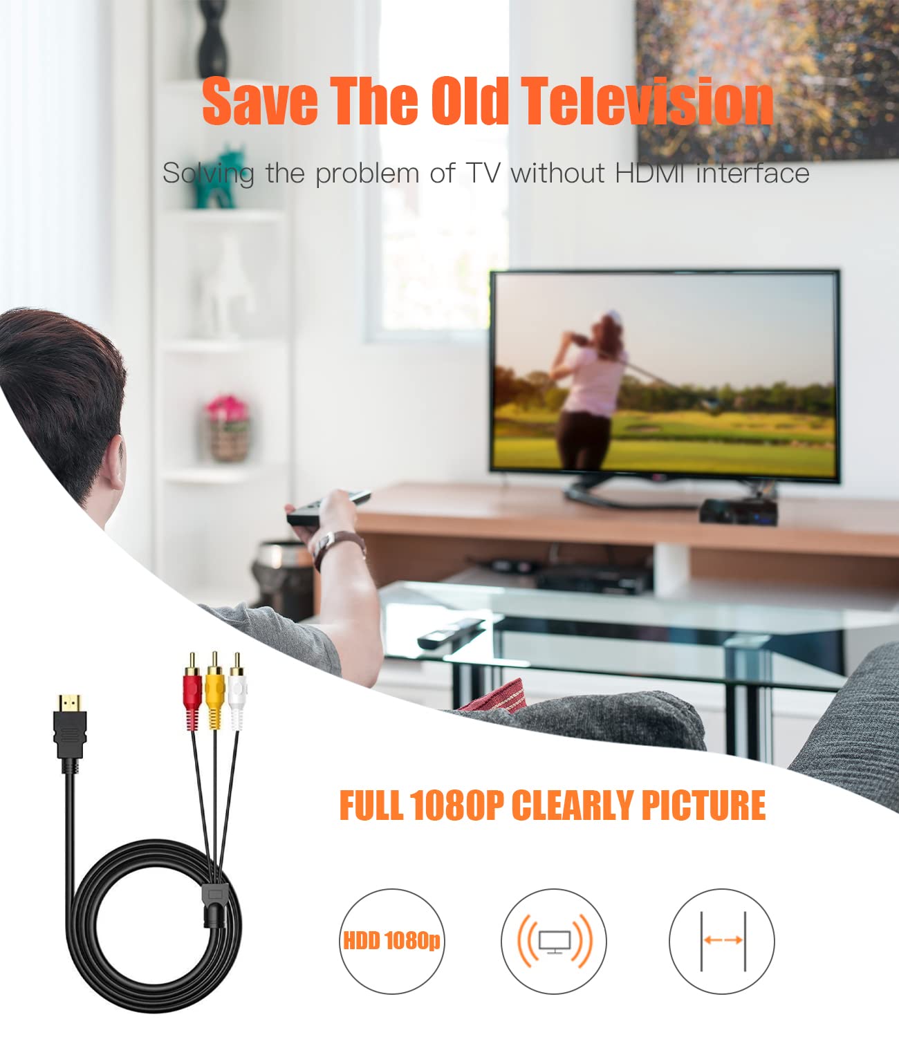 FAWETTY HDMI to RCA Cable, 1080P 5ft/1.5m HDMI Male to 3-RCA Video Audio AV Cable Connector Adapter Transmitter for TV HDTV DVD