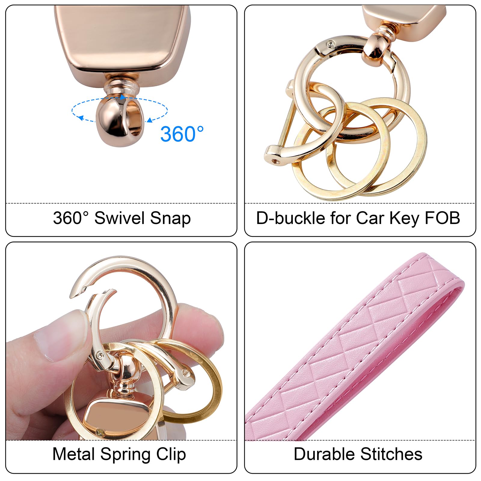 Weixiltc Leather Wristlet Keychain, Car Key Chain Holder with 2 Key Ring and Anti-Lost D Ring, Key Fob Wristband for Women (Pink)