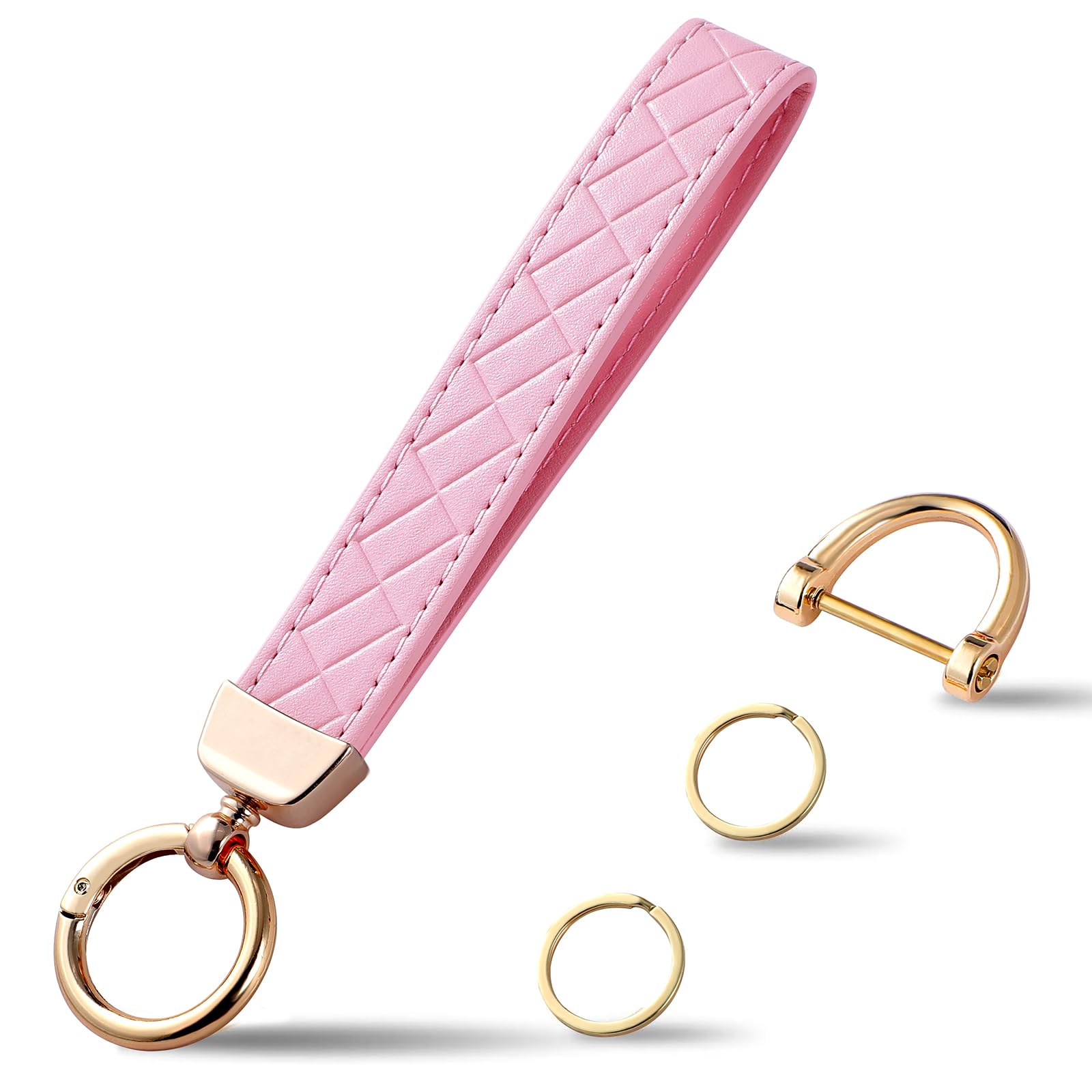 Weixiltc Leather Wristlet Keychain, Car Key Chain Holder with 2 Key Ring and Anti-Lost D Ring, Key Fob Wristband for Women (Pink)