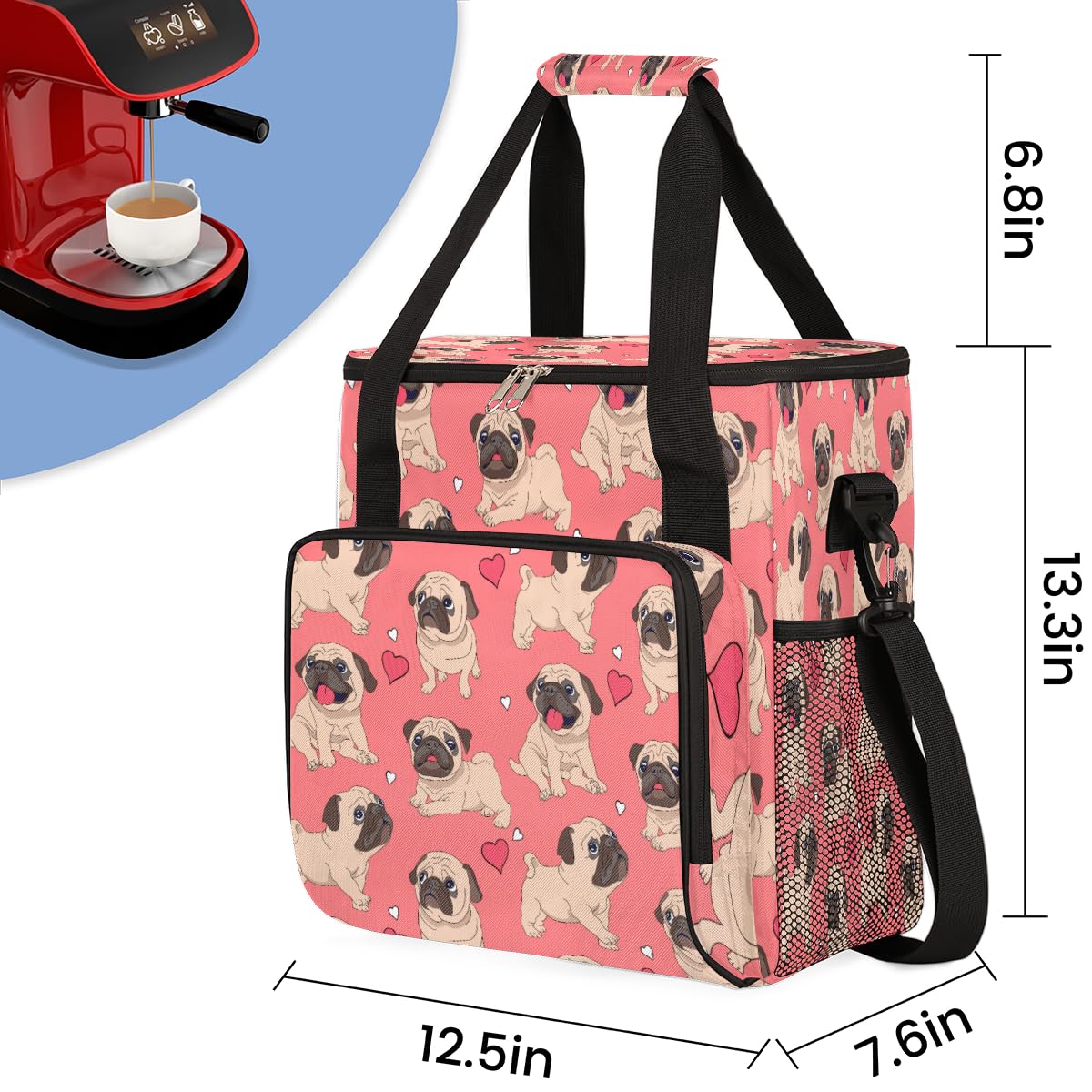 Cartoon Pugs Dogs Coffee Maker Carring Bag Pink Background Travel Carrying Tote Bag Compatible with Keurig K-Mini or K-Mini Plus Portable Single Serve Coffee Brewer Case with Pockets for K-cup Pods