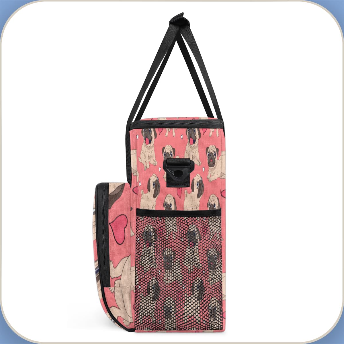 Cartoon Pugs Dogs Coffee Maker Carring Bag Pink Background Travel Carrying Tote Bag Compatible with Keurig K-Mini or K-Mini Plus Portable Single Serve Coffee Brewer Case with Pockets for K-cup Pods