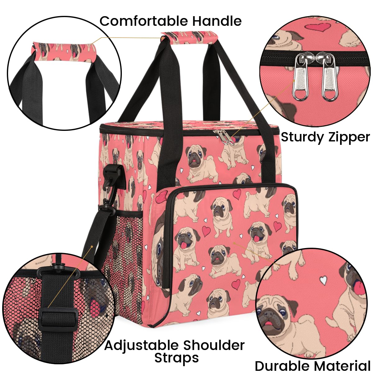 Cartoon Pugs Dogs Coffee Maker Carring Bag Pink Background Travel Carrying Tote Bag Compatible with Keurig K-Mini or K-Mini Plus Portable Single Serve Coffee Brewer Case with Pockets for K-cup Pods