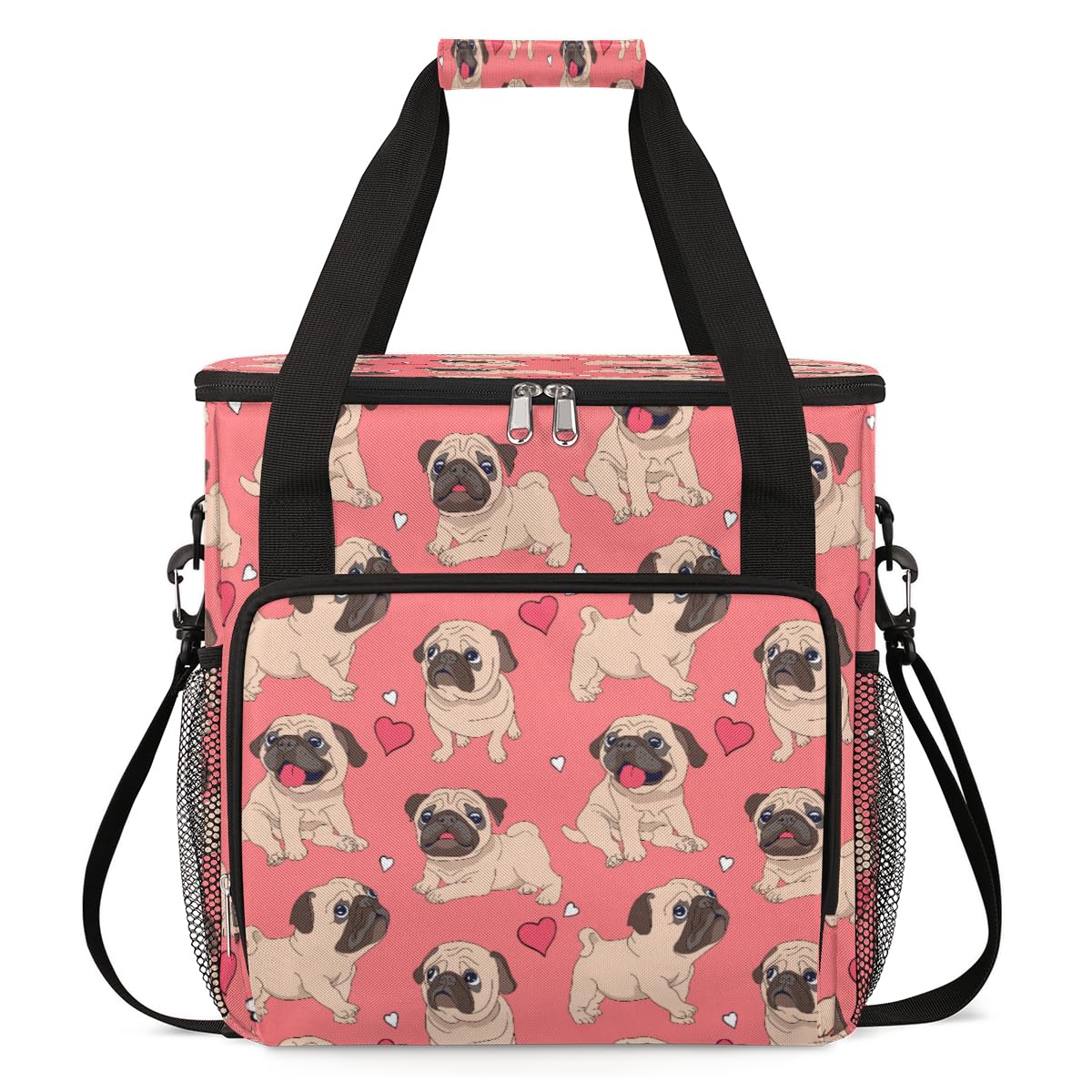 Cartoon Pugs Dogs Coffee Maker Carring Bag Pink Background Travel Carrying Tote Bag Compatible with Keurig K-Mini or K-Mini Plus Portable Single Serve Coffee Brewer Case with Pockets for K-cup Pods