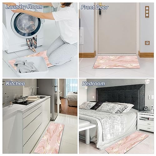 Mrcrypos Pink Gold Marble Kitchen Mats for Floor Set of 2 PVC Kitchen Rug Waterproof Cushioned Anti Fatigue Comfort Mat Non Slip Standing Mat Laundry Kitchen Accessories 17"x29"+17"x47"