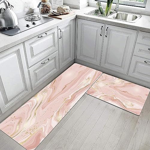 Mrcrypos Pink Gold Marble Kitchen Mats for Floor Set of 2 PVC Kitchen Rug Waterproof Cushioned Anti Fatigue Comfort Mat Non Slip Standing Mat Laundry Kitchen Accessories 17"x29"+17"x47"