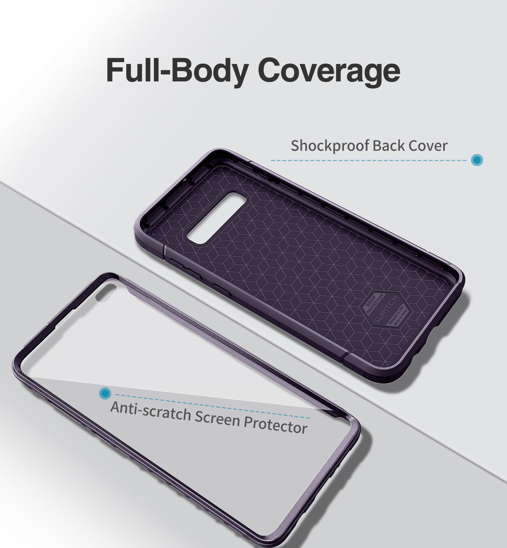 SURITCH for Samsung Galaxy S10 Plus Case, [Built-in Screen Protector] 360° Full Protection Military Grade Shockproof Rugged Bumper Thick Protective Phone Cover for Samsung S10 Plus 6.4 Inch - Purple