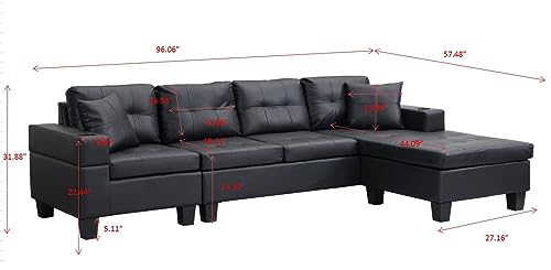 Livavege Oversized Sofa Large Couhes, L-Shape Faux Leather Sectional Couch with A Saucer, Chaise and Storage Ottoman for Office Living Room Furniture Sets, Black