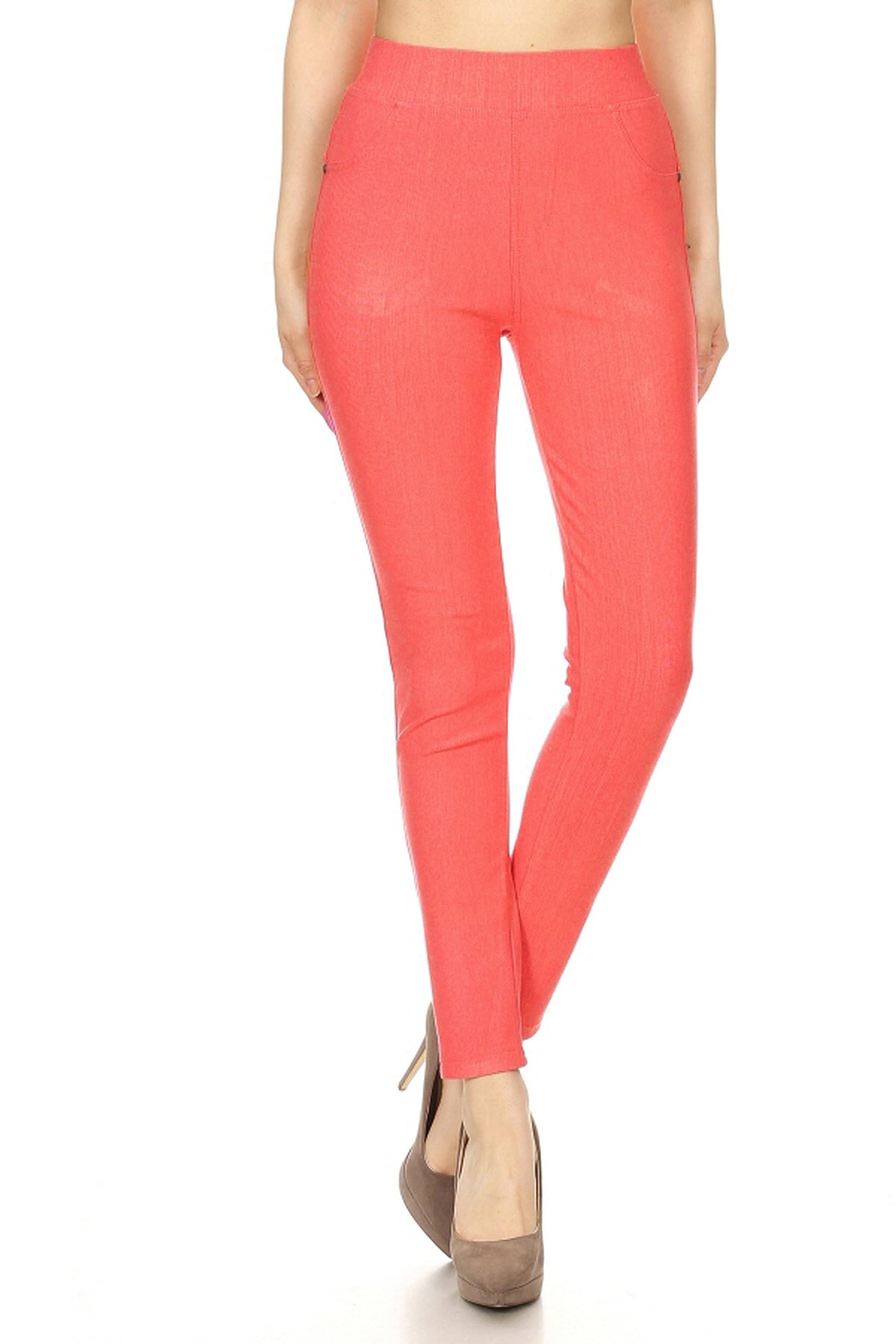 Leggings Depot Women's Cotton Blend Stretch Pull-on Jeggings Casual Pants with Pockets (Coral, Medium)