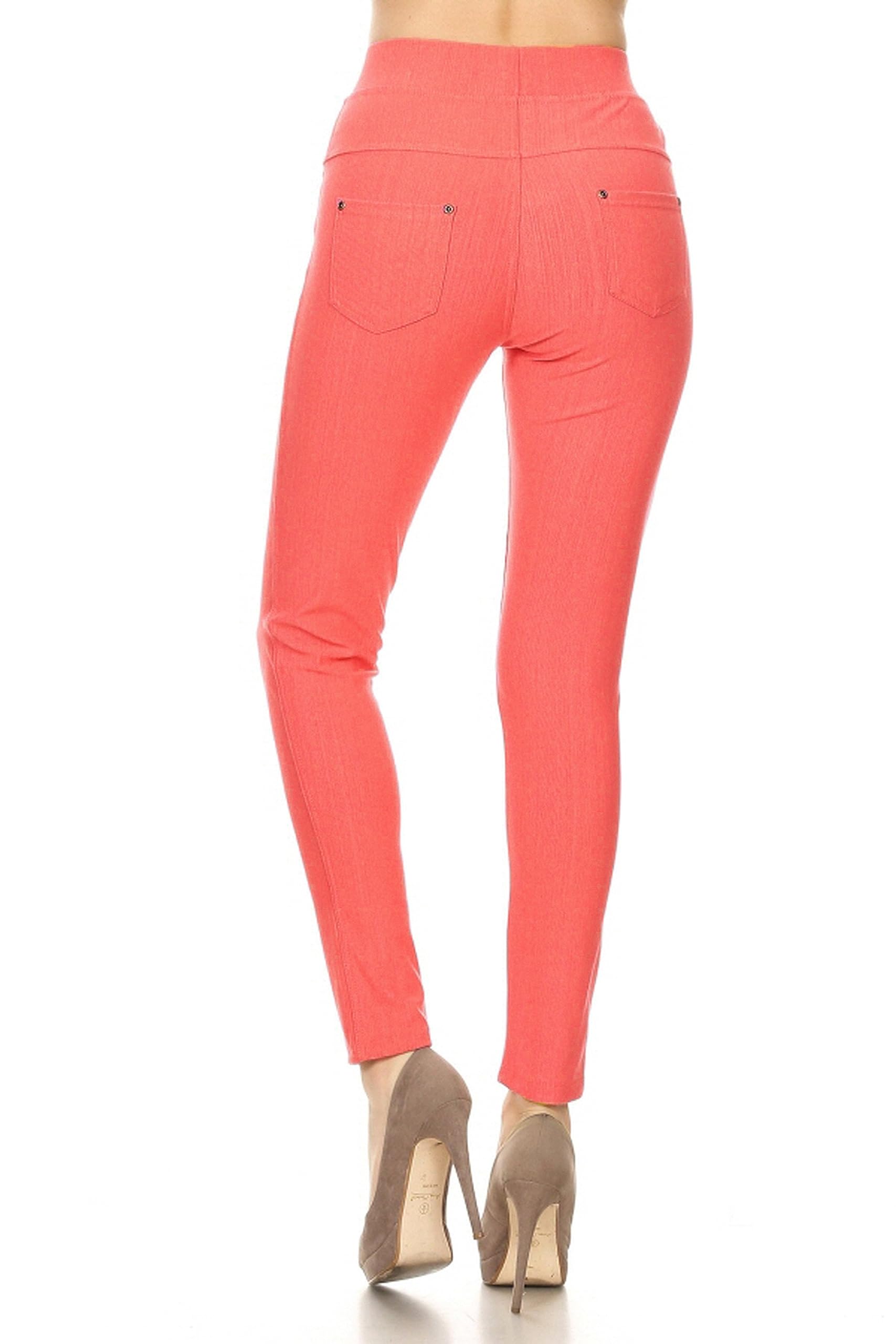 Leggings Depot Women's Cotton Blend Stretch Pull-on Jeggings Casual Pants with Pockets (Coral, Medium)