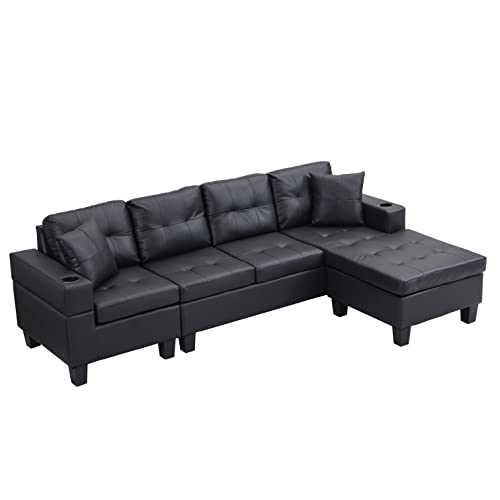 Livavege Oversized Sofa Large Couhes, L-Shape Faux Leather Sectional Couch with A Saucer, Chaise and Storage Ottoman for Office Living Room Furniture Sets, Black