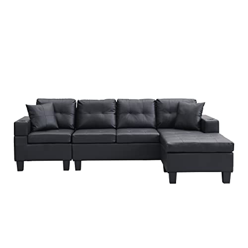 Livavege Oversized Sofa Large Couhes, L-Shape Faux Leather Sectional Couch with A Saucer, Chaise and Storage Ottoman for Office Living Room Furniture Sets, Black