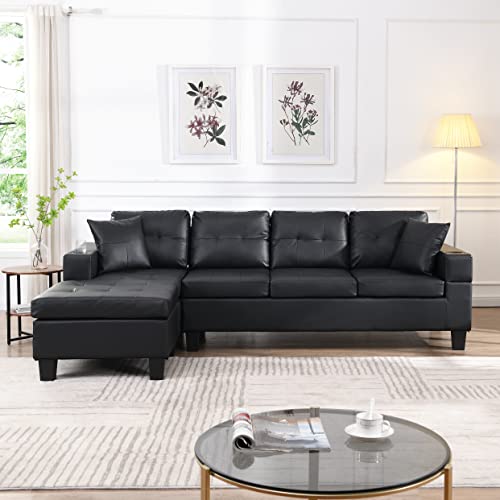 Livavege Oversized Sofa Large Couhes, L-Shape Faux Leather Sectional Couch with A Saucer, Chaise and Storage Ottoman for Office Living Room Furniture Sets, Black