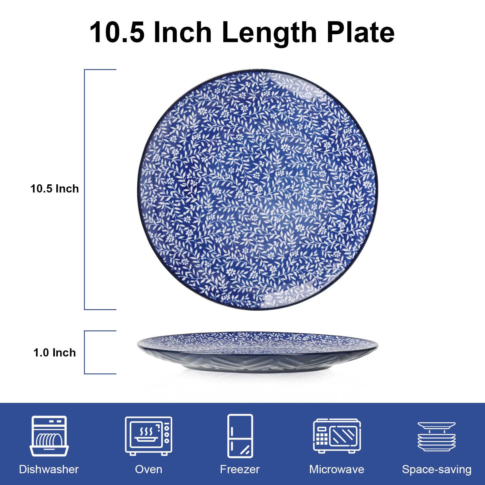 KitchenTour Ceramic Dinner Plates, 10.5 Inch Large Embossed Salad Plates Set of 4, Serving Plates for Dessert, Pasta, Steak, Dishwasher and Microwave Safe