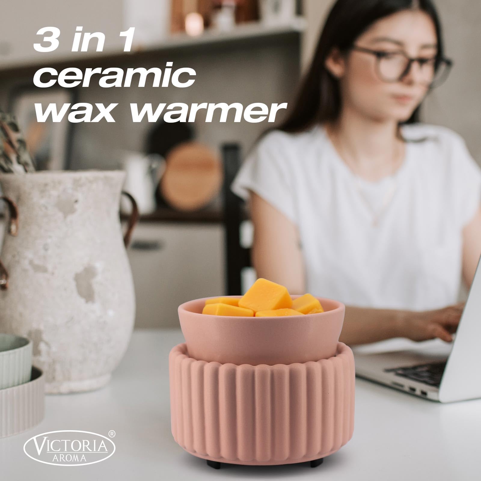 VICTORIA AROMA Ceramic Wax Melter 3-in-1 Candle Warmer for Scented Wax - Electric Fragrance Burner for Home, Office, Bedroom - Gift & Décor(Pink)