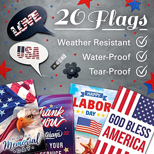 Outdoor Flags 20 PC Garden Flags Set with Anti-Wind Clip and Stopper,12x18 Inch Durable Polyester Garden Flags Set,Holiday Garden Flags Assortment Sets,Garden Flag Pack,Small Garden Flags,Lawn Flags