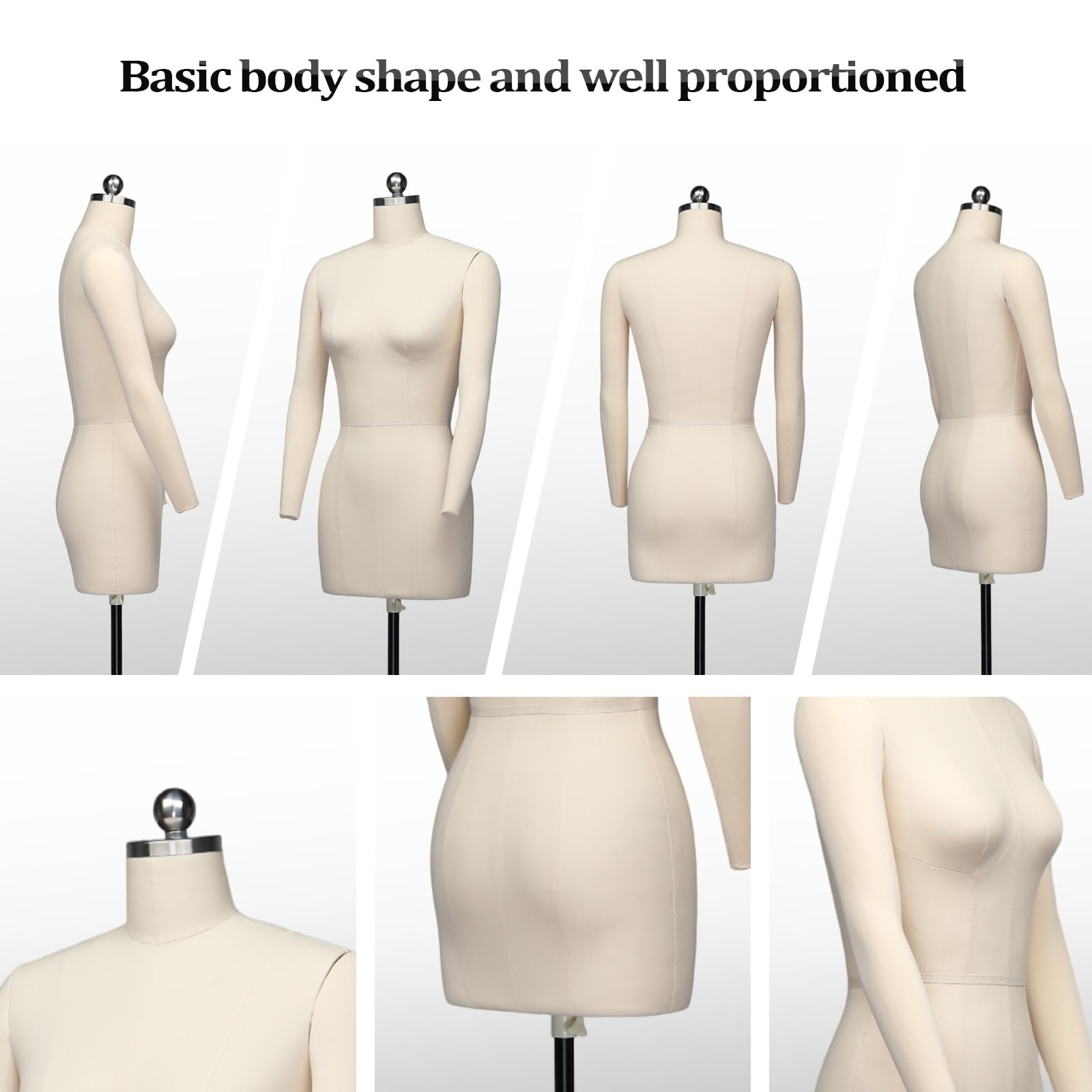 Bonnlo Female Sewing Mannequin, Size 6 Professional Dress Form for Display and Tailor Design, Height Adjustable Torso with Stable Metal Base (with arms, 6)