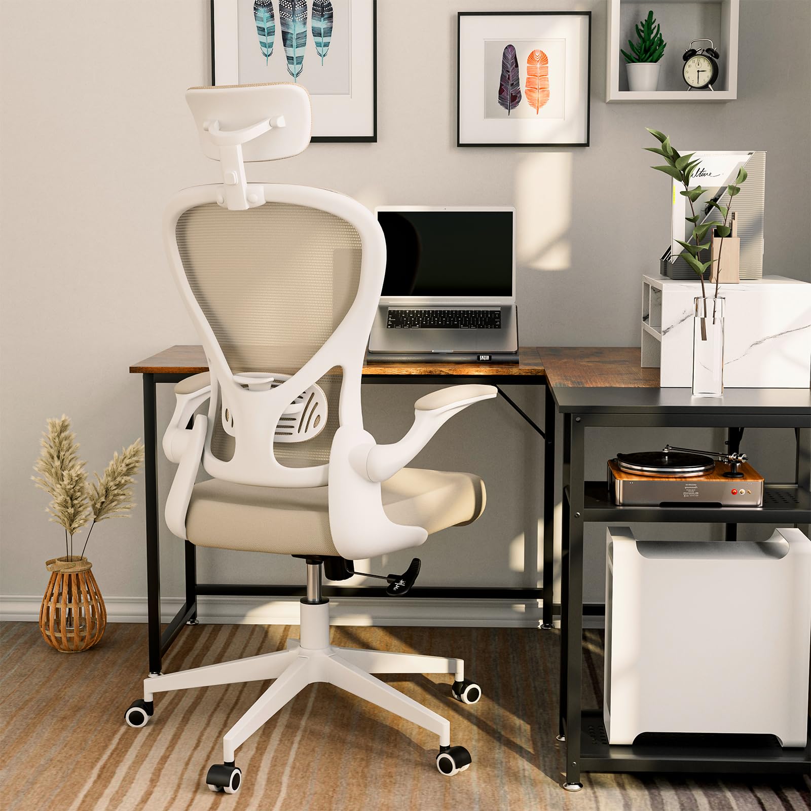 Frylr Heavy Duty Office Chair - Ergonomic Plus Size Desk Chair for Home Office Use, Supportive Mesh Design for Big and Tall People, 400lbs Capacity, Khaki