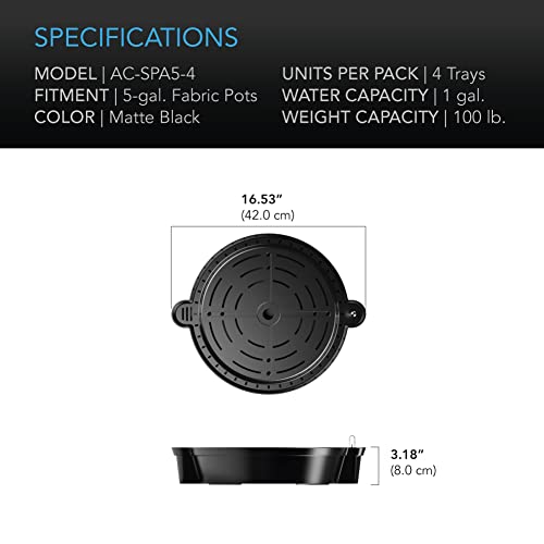 AC Infinity Self-Watering Fabric Pot Base, 4-Pack Auto-Irrigation Water Delivery System with Reservoir Meter, Elevated Plant Saucers for Use in Indoor Grow Tents, Greenhouses, and Outdoor Gardens
