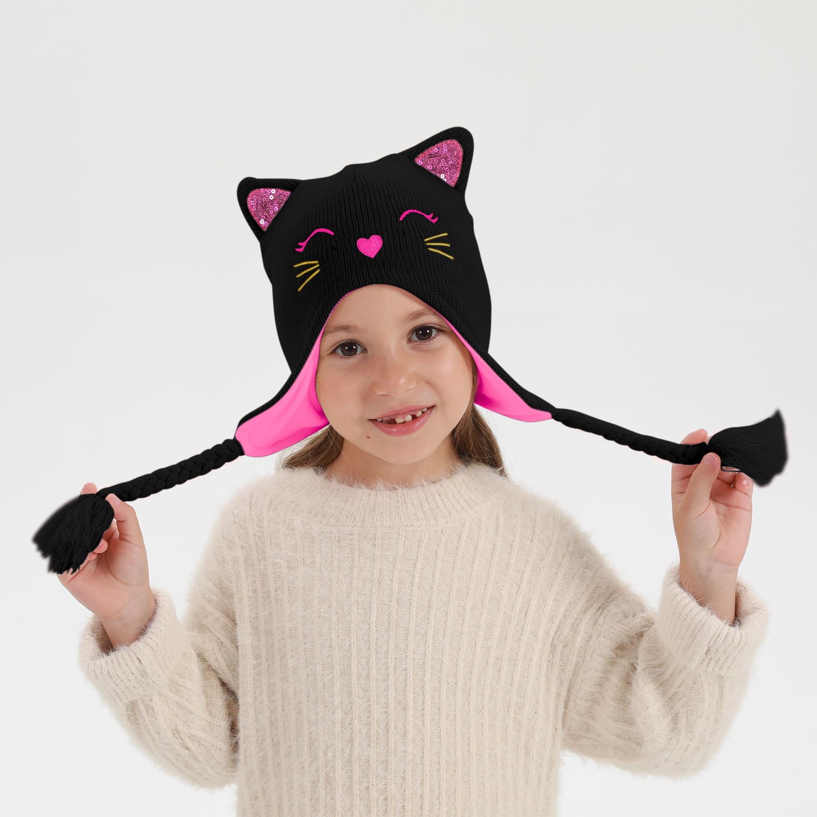Girl Knit Cat Ear Beanie Hat and Glove Set Kids Winter Earflap with Braided Ski Skull Cap Mitten Set Age 3-7