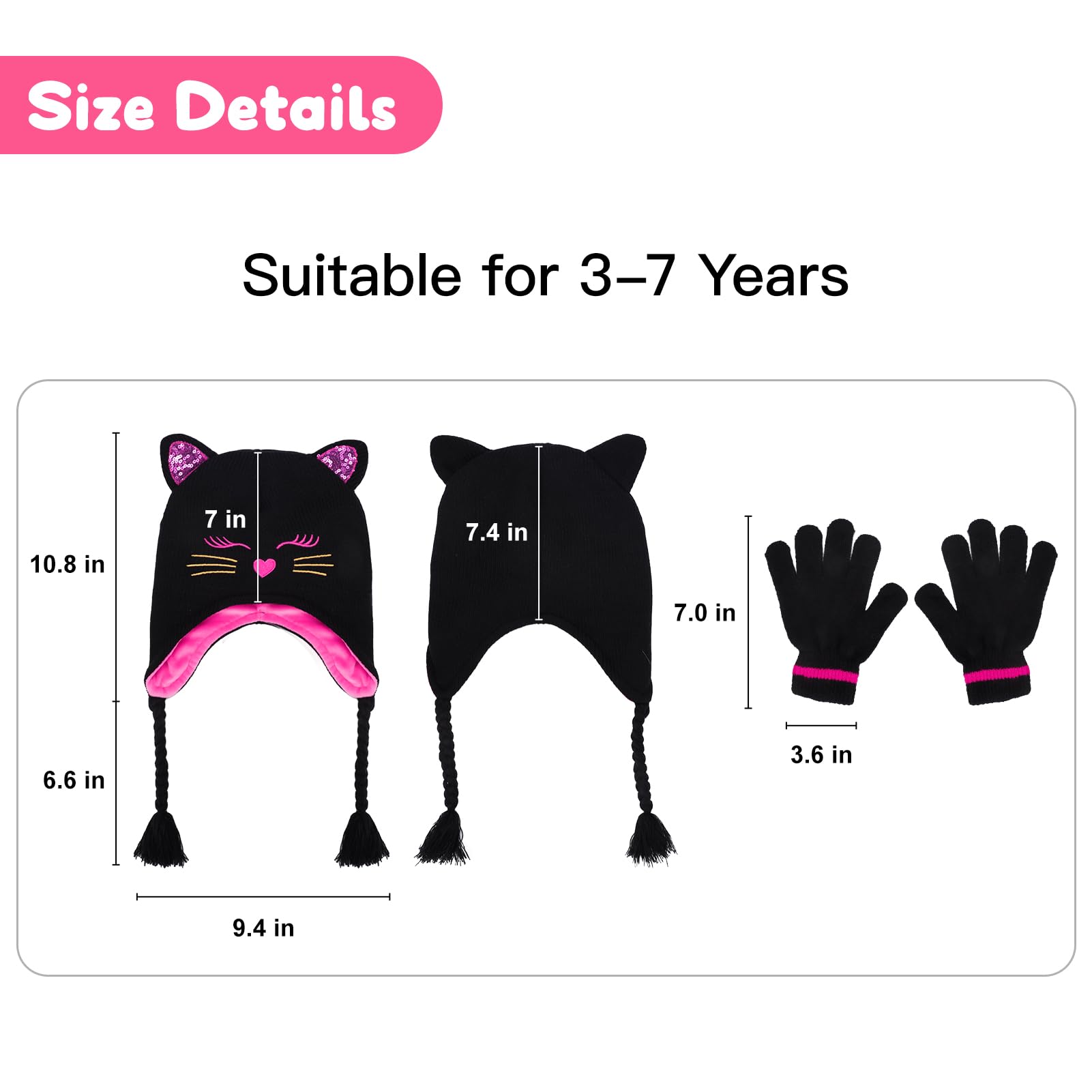Girl Knit Cat Ear Beanie Hat and Glove Set Kids Winter Earflap with Braided Ski Skull Cap Mitten Set Age 3-7