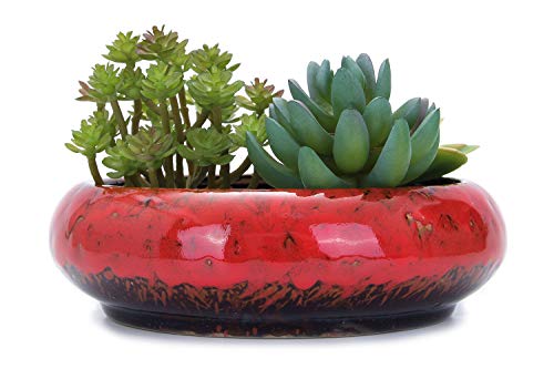 VanEnjoy 7.3 inch Round Large Shallow Succulent Ceramic Glazed Planter Pots with Drainage Hole, Bonsai Pots Garden Decorative Cactus Stand Flower Container (Red)