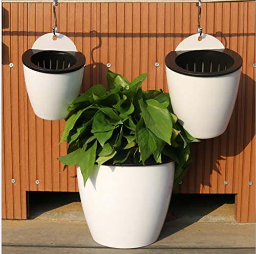 Jucoan 9 Pack Self Watering Hanging Planter, 5 Inch Dua-pots Lazy Flower Pot, White Plastic Wall Hanging Planter Pot with 9 Hooks for Garden Fence, Porch, Wall