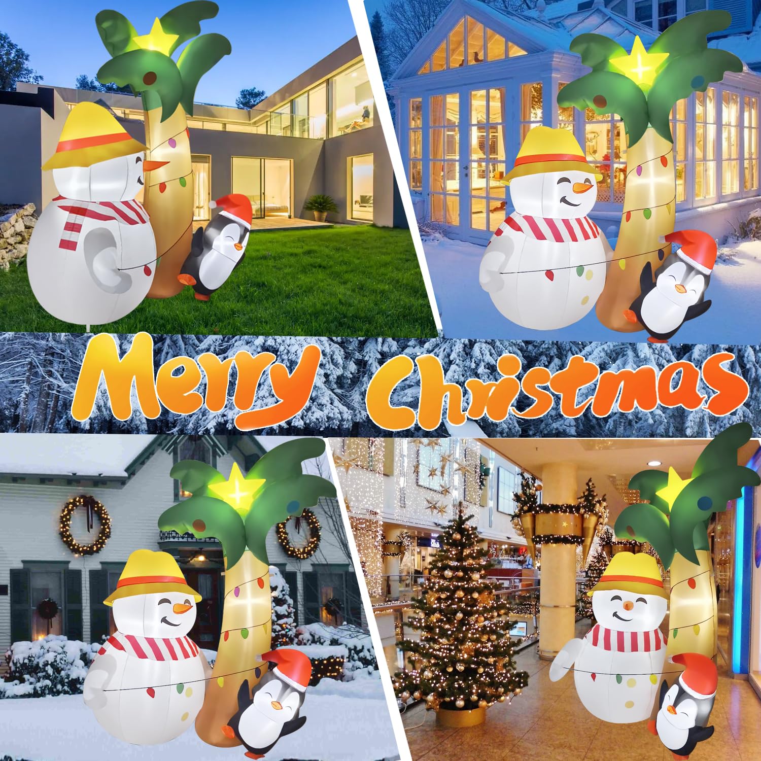 7FT Outdoor Inflatables Palm Tree,Funny Outdoor Inflatable Tree Hawaiian Snowman and Penguin Lighted,Cute Holiday Blow Up Outside Yard Decoration